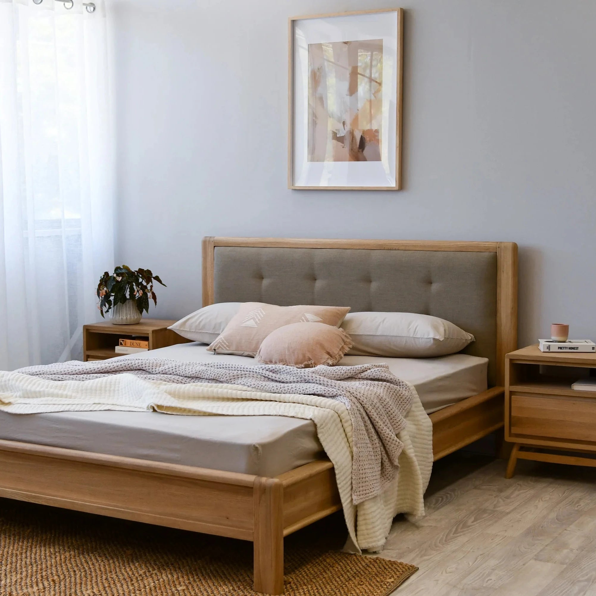 Queen bed frame with fabric headboard store